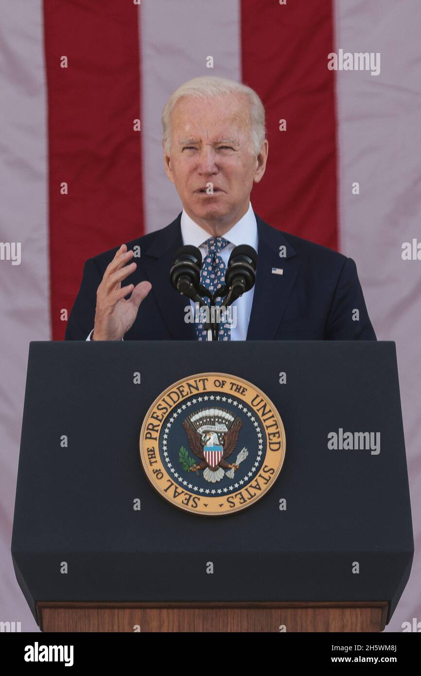 U.S. President Joe Biden speaks at the National Veterans Day Observance ...