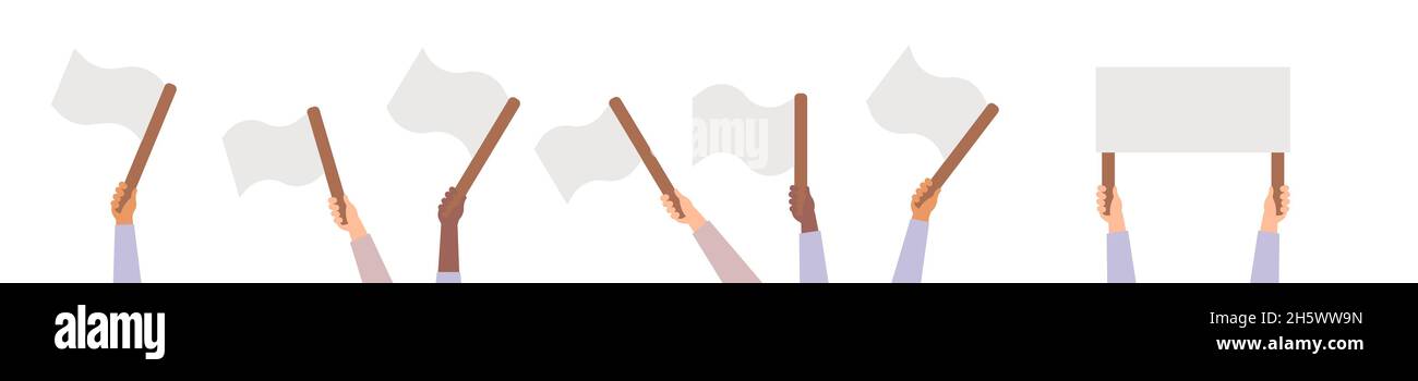 Flag empty flat mockup in human hands, flags blank banner hand holding ...