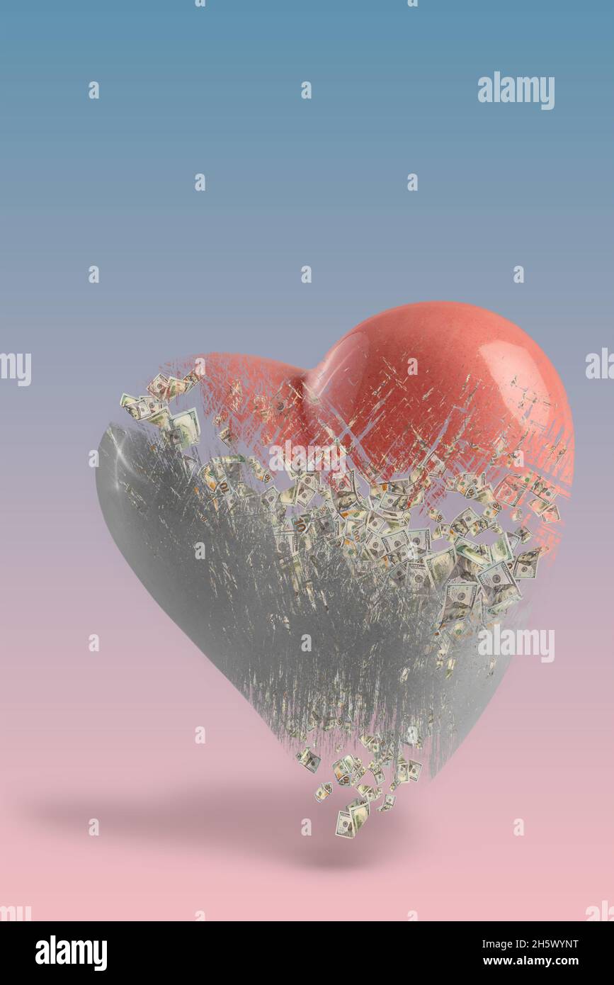 Love money. The heart symbol is divided into two parts. The empty heart ...