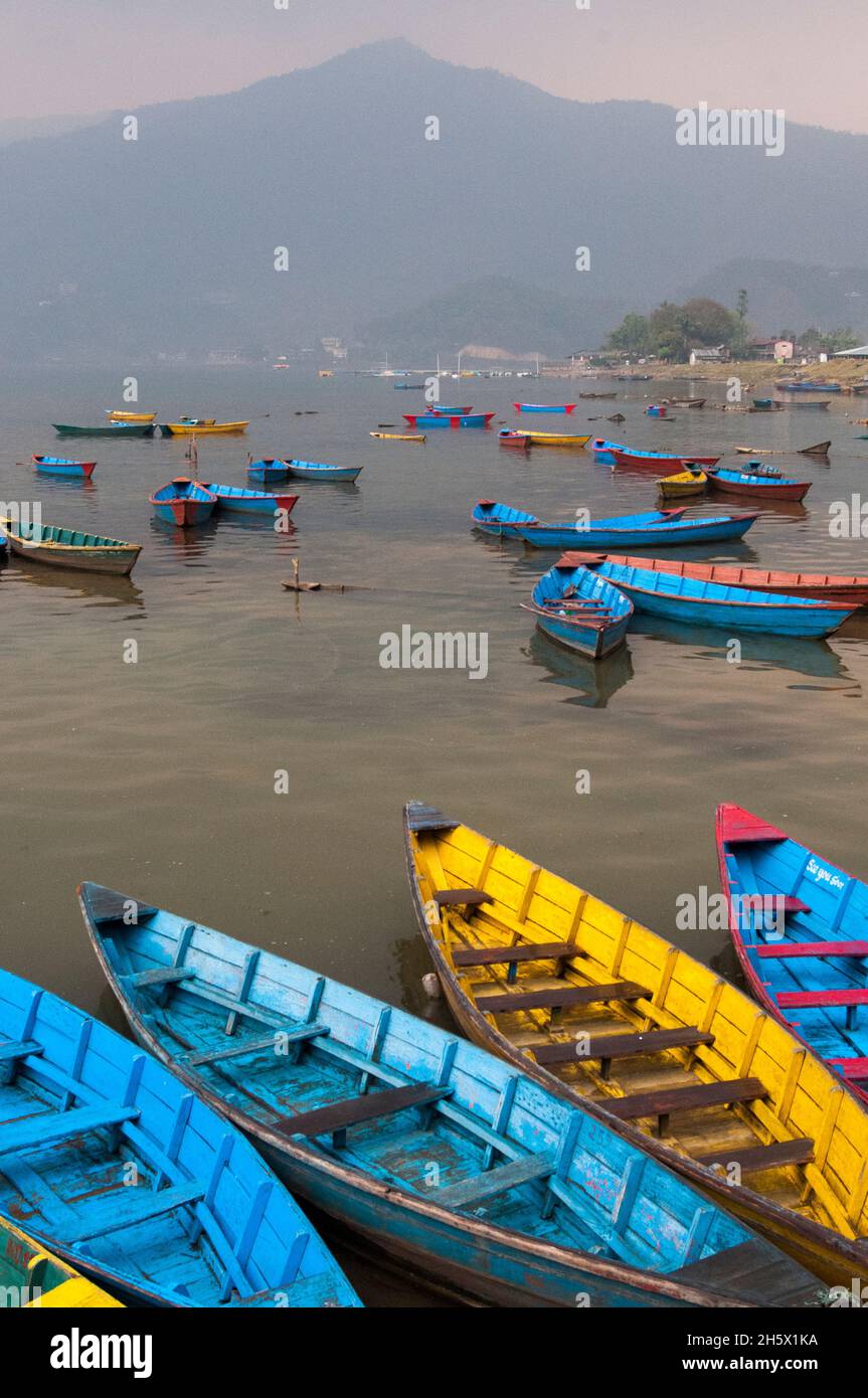 Boats moored in Phewa Tal, a freshwater lake in the town of Pokhara ...