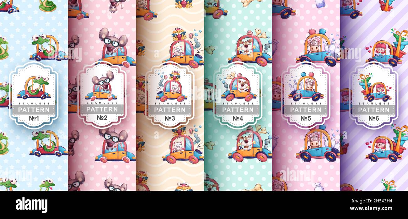 Cartoon character drive car and seamess pattern Stock Vector Image ...