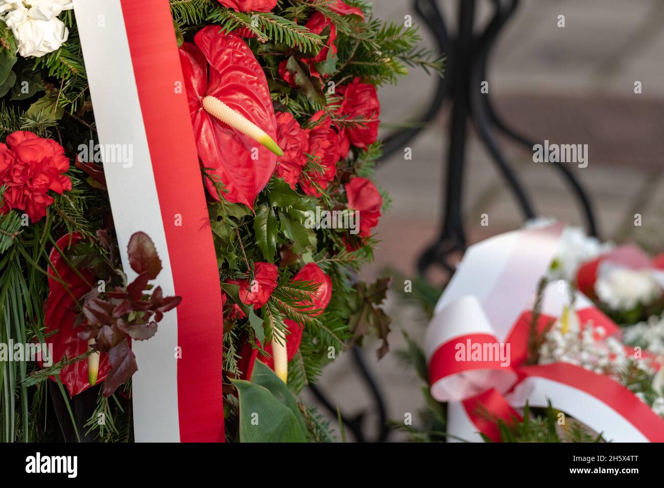 White and red flowers with a ribbon in Polish national colors. National ...