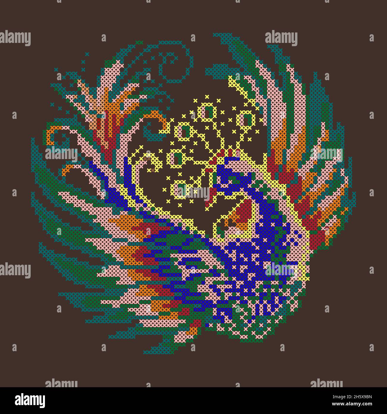 Embroidered peacock, cross stitch pattern of beautiful bird, vector ...
