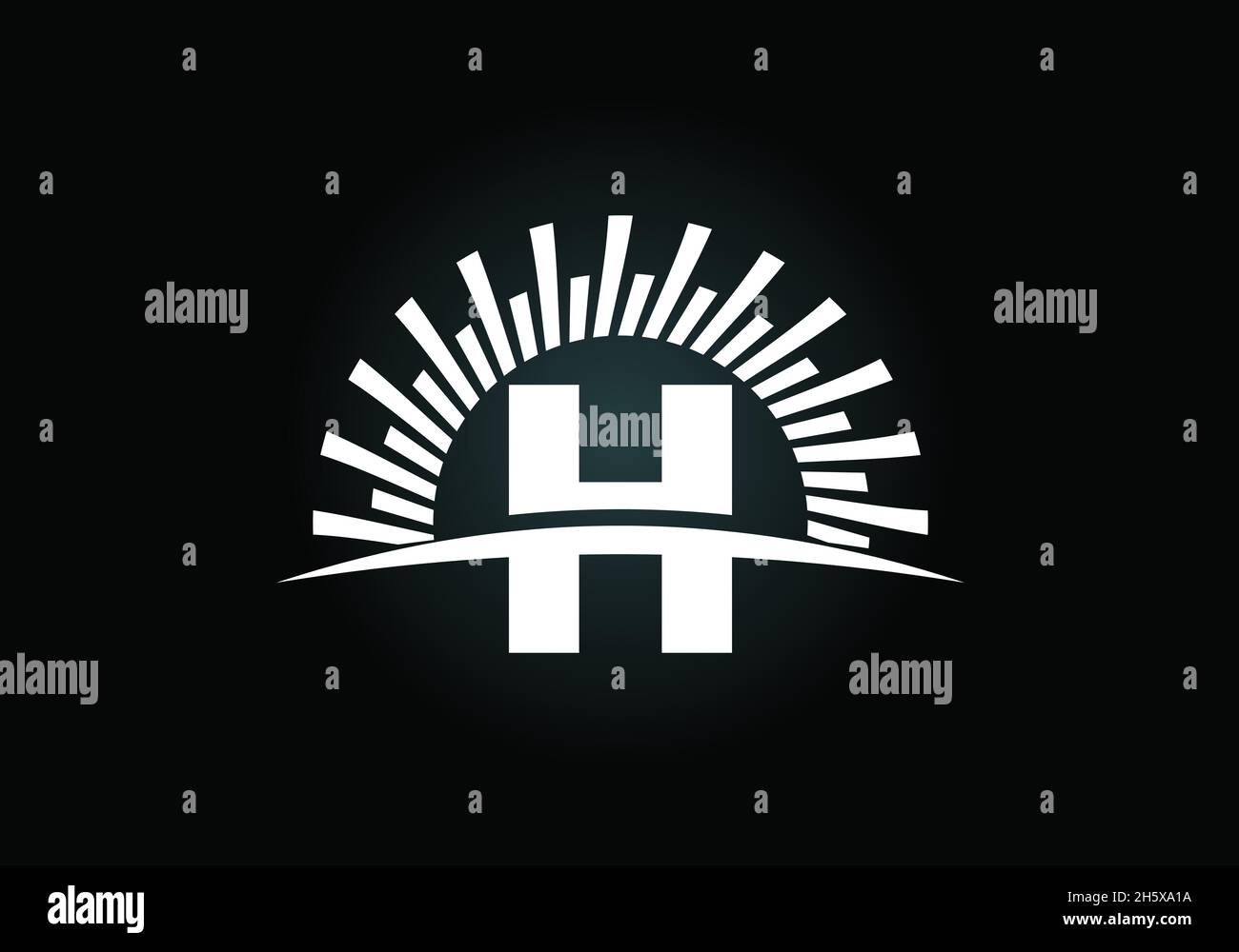 Initial H monogram alphabet with the abstract sun and swoosh. Sunburst ...