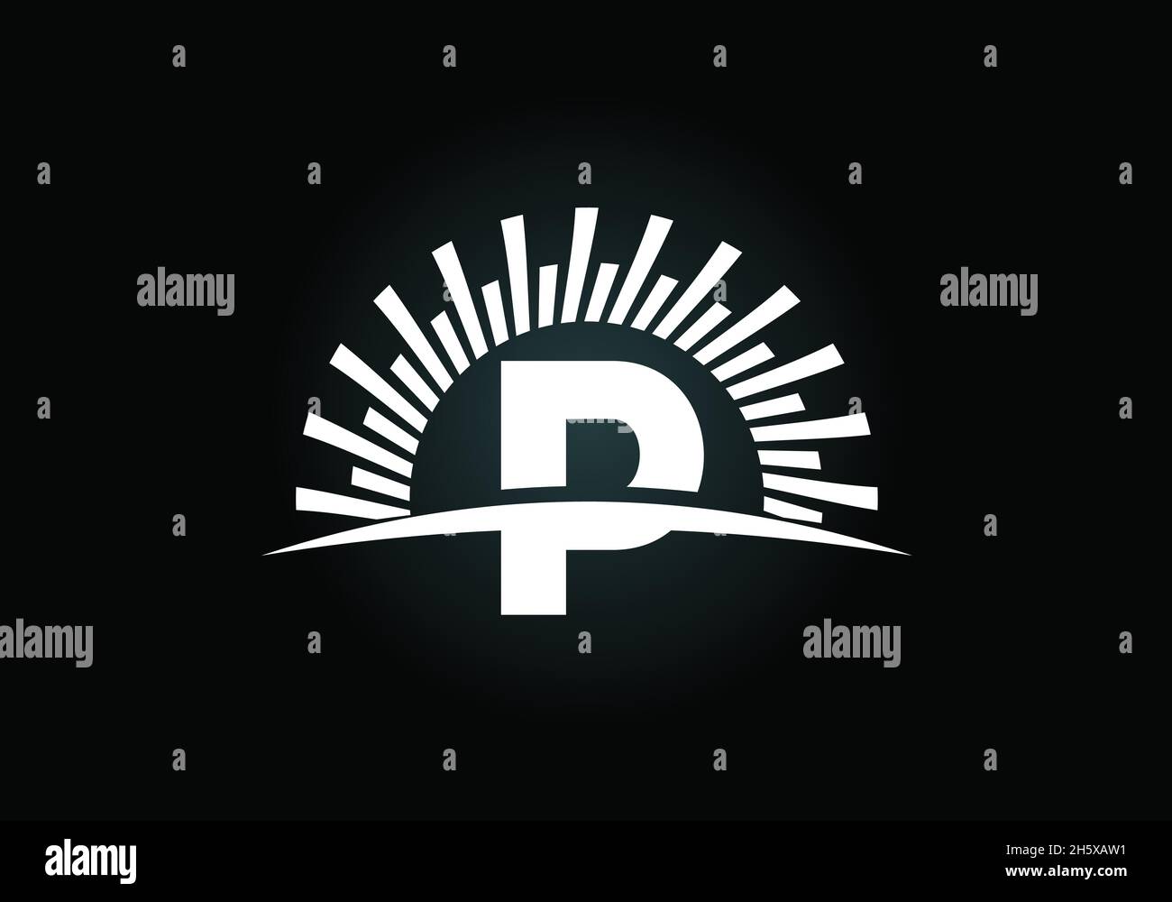 Initial P monogram alphabet with the abstract sun and swoosh. Sunburst ...