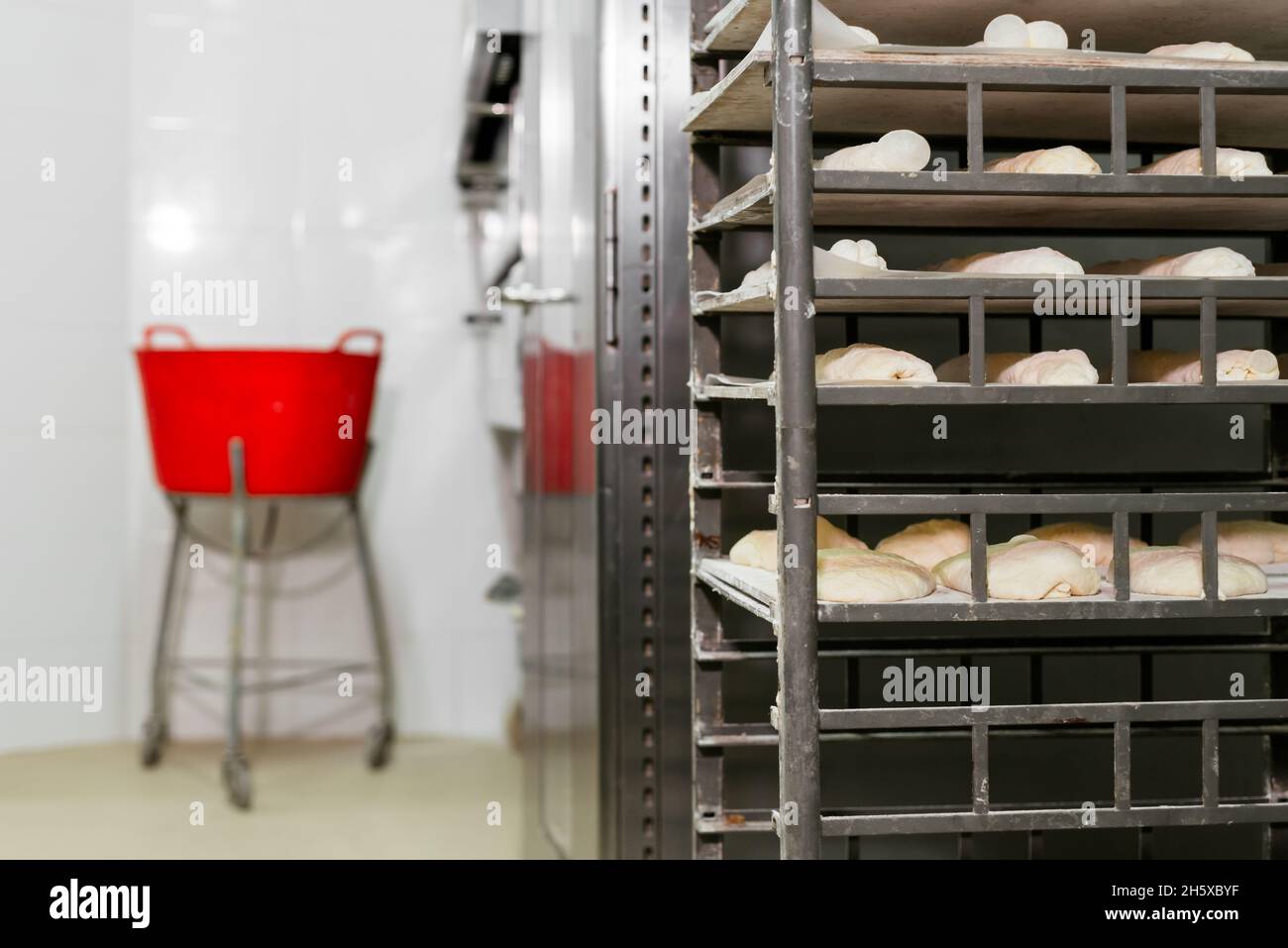 Metal rack with raw dough loafs placed on pans in kitchen of modern ...