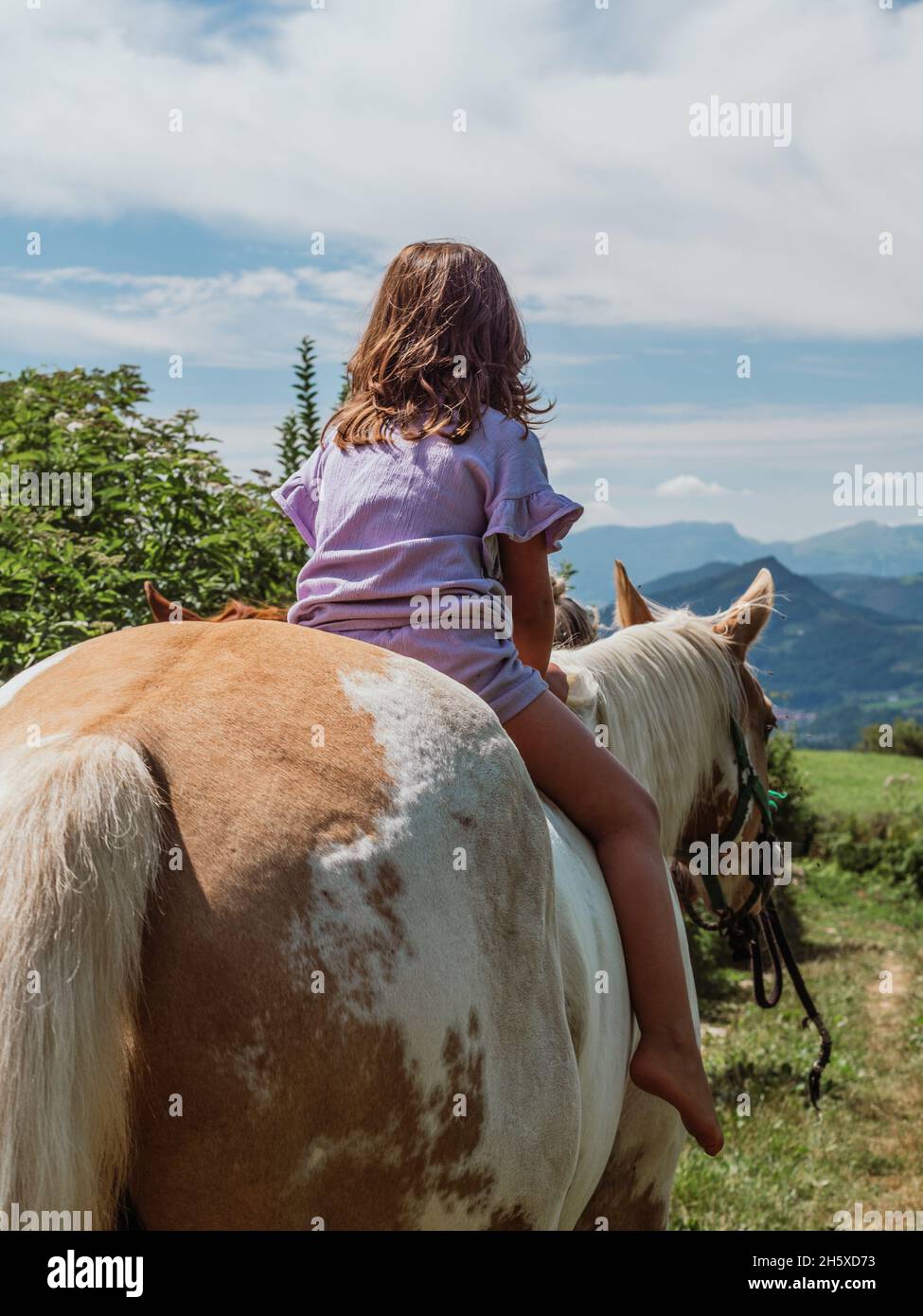 Back view of unrecognizable barefoot girl riding stallion in valley ...