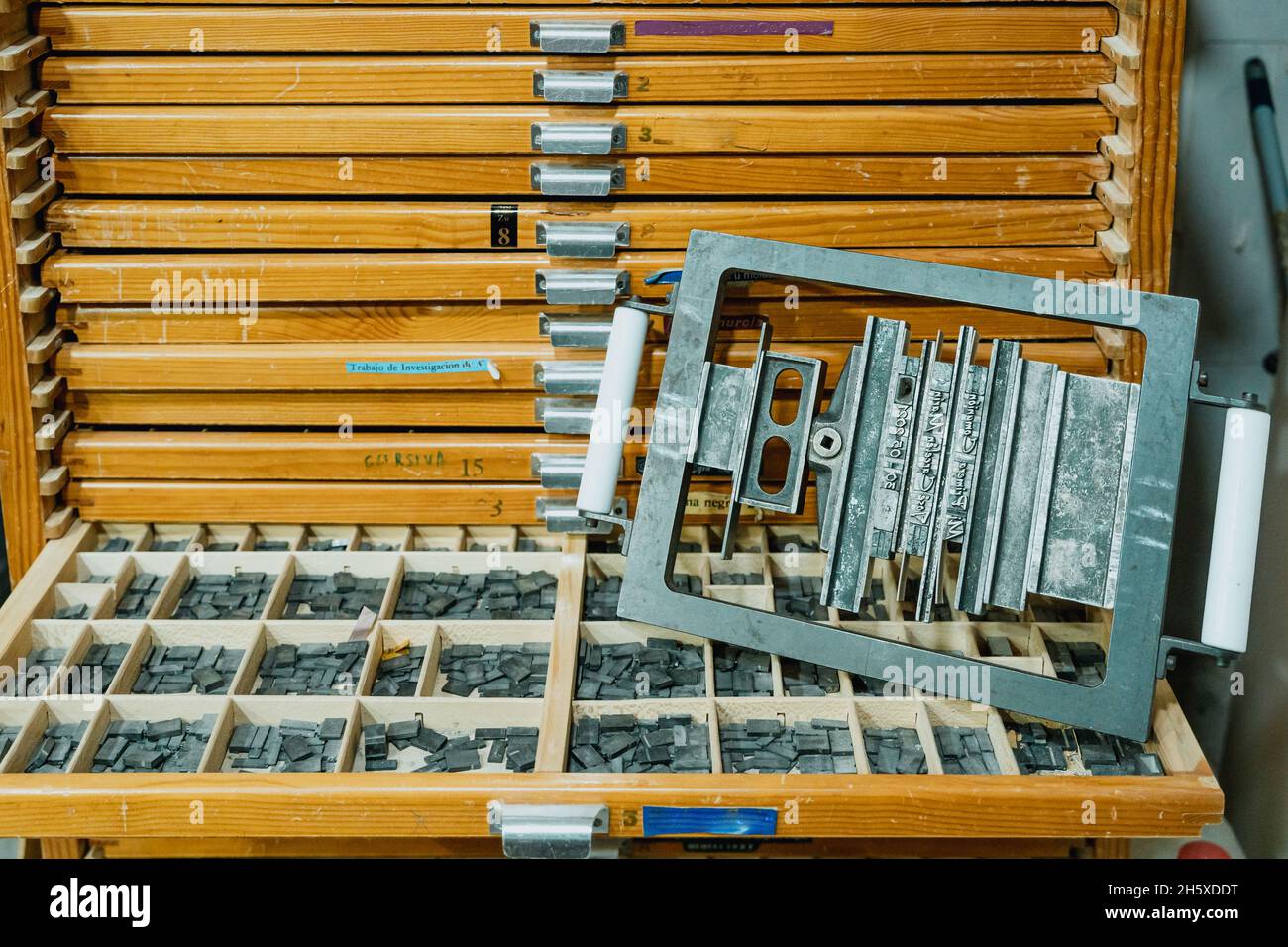 Vintage wooden type case with collection of lead letters for ...