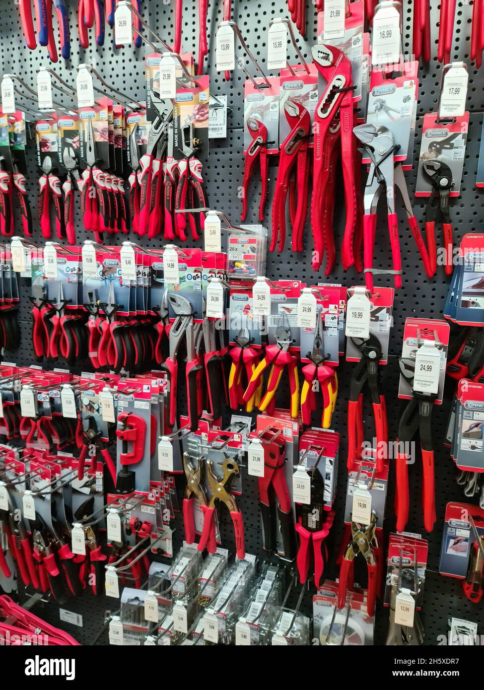 KIEL, GERMANY - Oct 15, 2021: The tools on a sales wall in a tool store ...