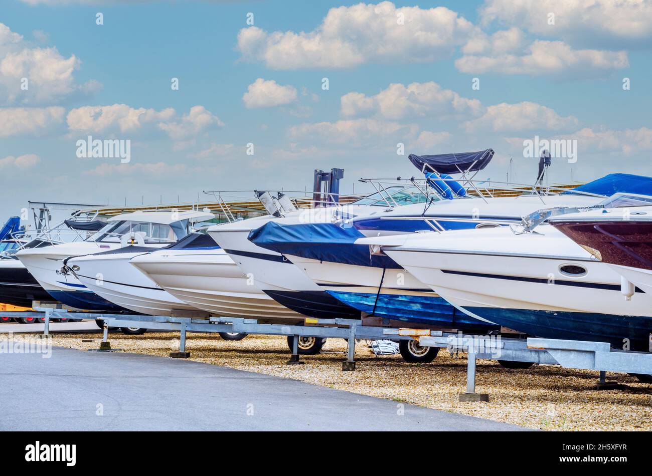 Boat on stand on the shore, close up on the part of the yacht, luxury ...