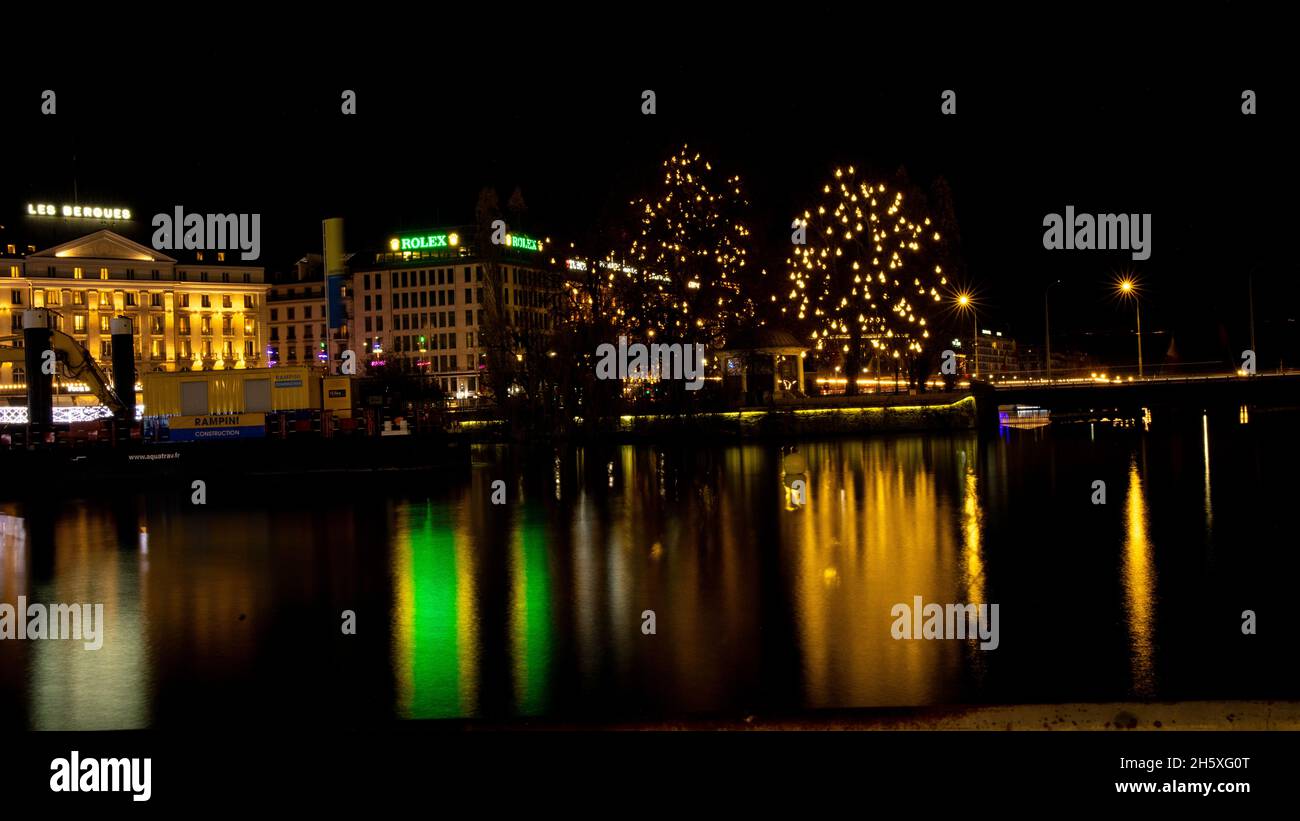 GENEVA, SWITZERLAND - Dec 10, 2020: Geneva Christmas lights at night in ...