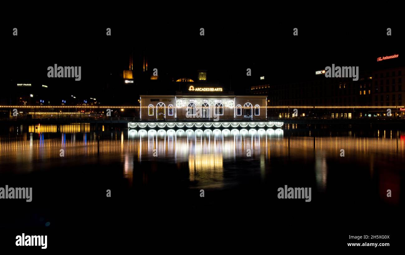 GENEVA, SWITZERLAND - Dec 10, 2020: Geneva Christmas lights at night in ...