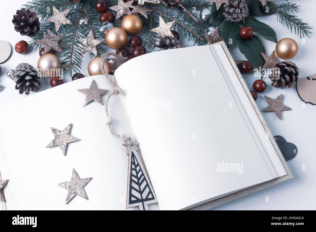 Christmas background with fir branches, Christmas decorations and empty ...