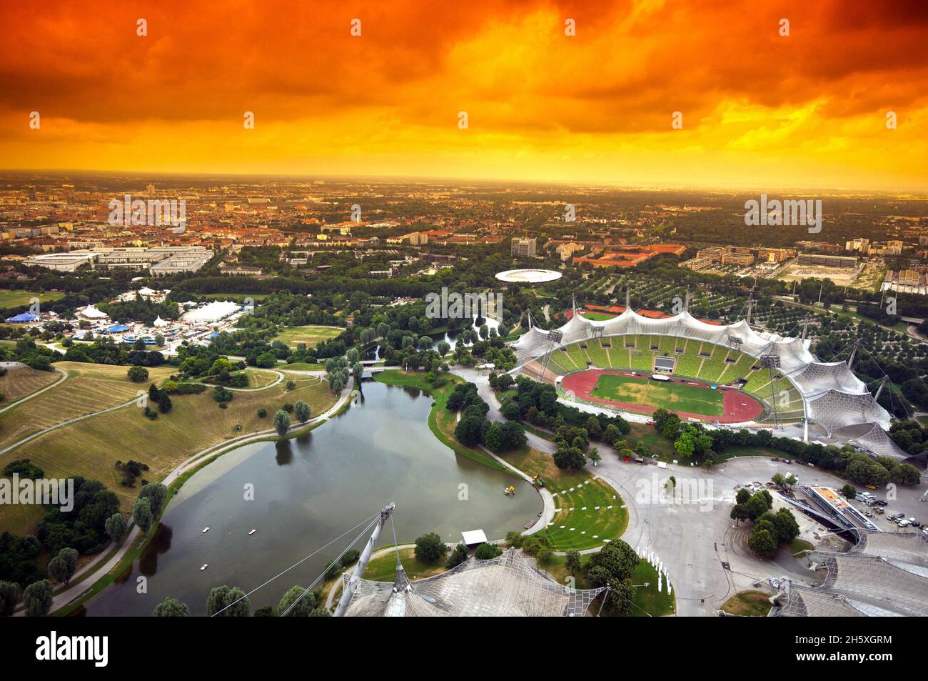 Cityscape of Munich in Germany. Top view of olympic park. Colorful ...