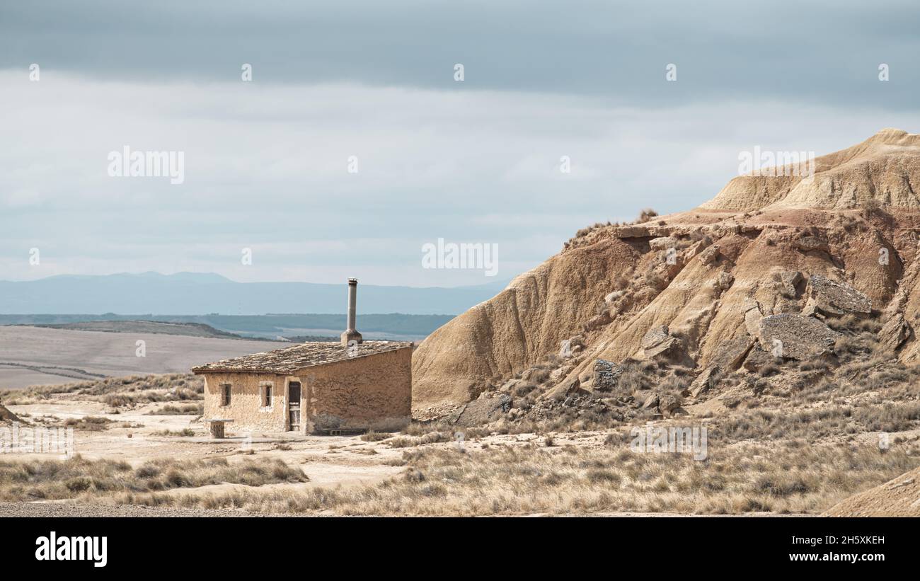 Old sheepfold at Bardenas Reales semi-desert under a blue cloudy ...