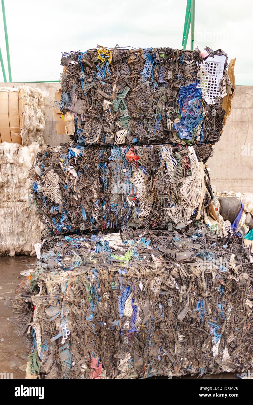 Moscow. Russia. Autumn 2020. Bales of pressed plastic fruit boxes ...