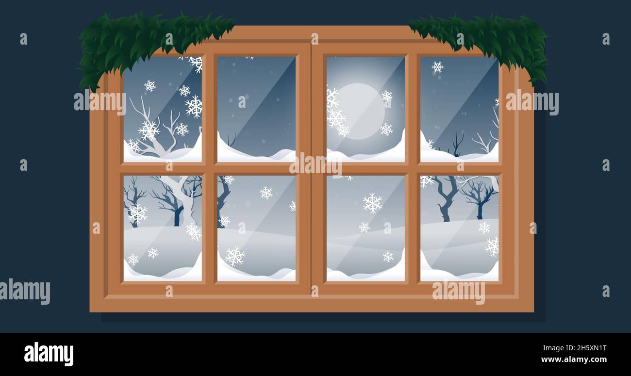 Image of falling snow and christmas night scene through window Stock ...