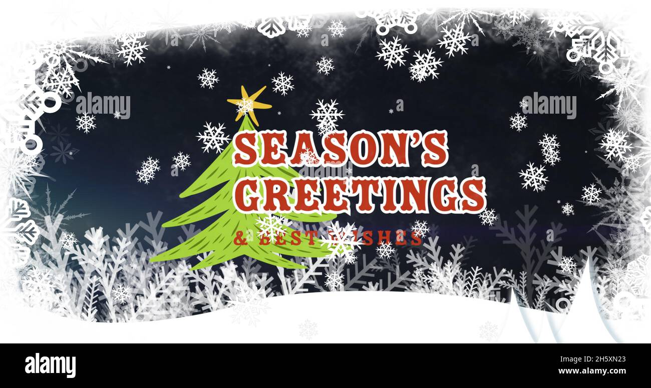 Image of season's greetings text over snow falling and winter landscape ...