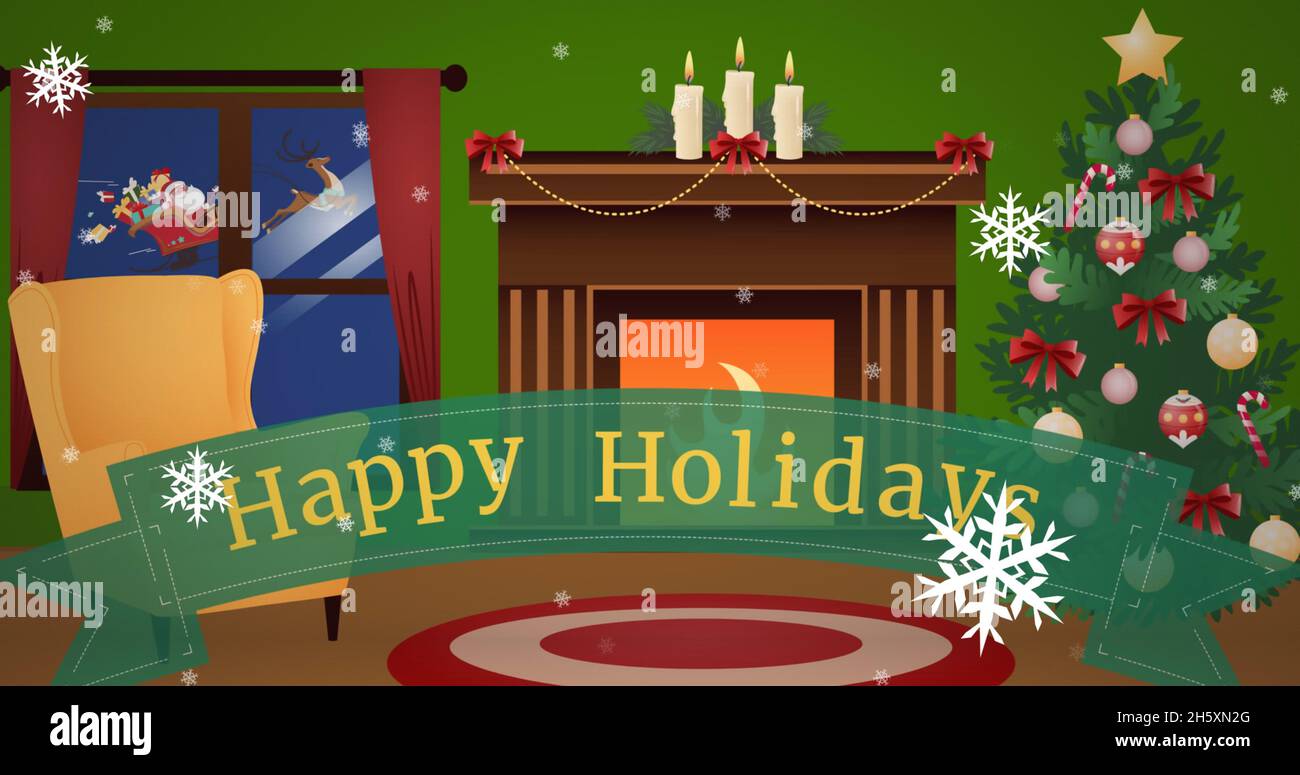Image of happy holidays text over decorated house at christmas and snow ...