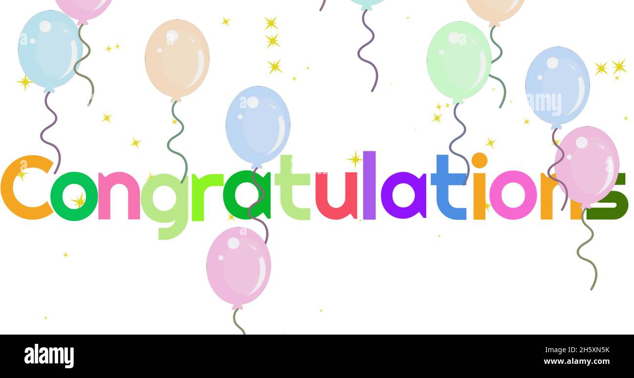 Image of congratulations text over stars and balloons on white ...