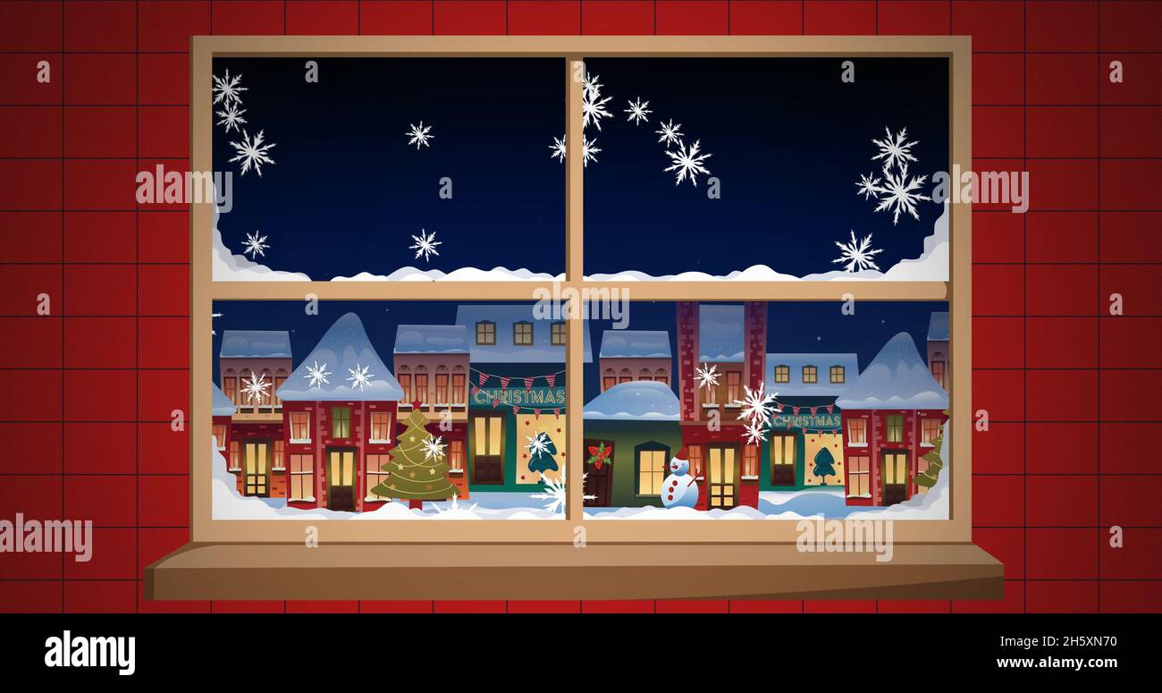 Image of falling snow and christmas street scene through window Stock ...