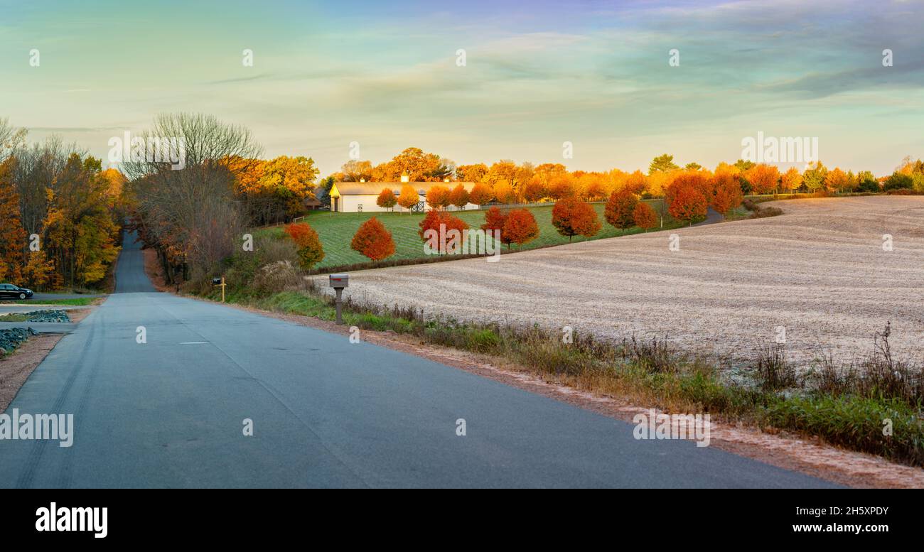 Road going through a Wisconsin countryside in October, horizontal Stock ...