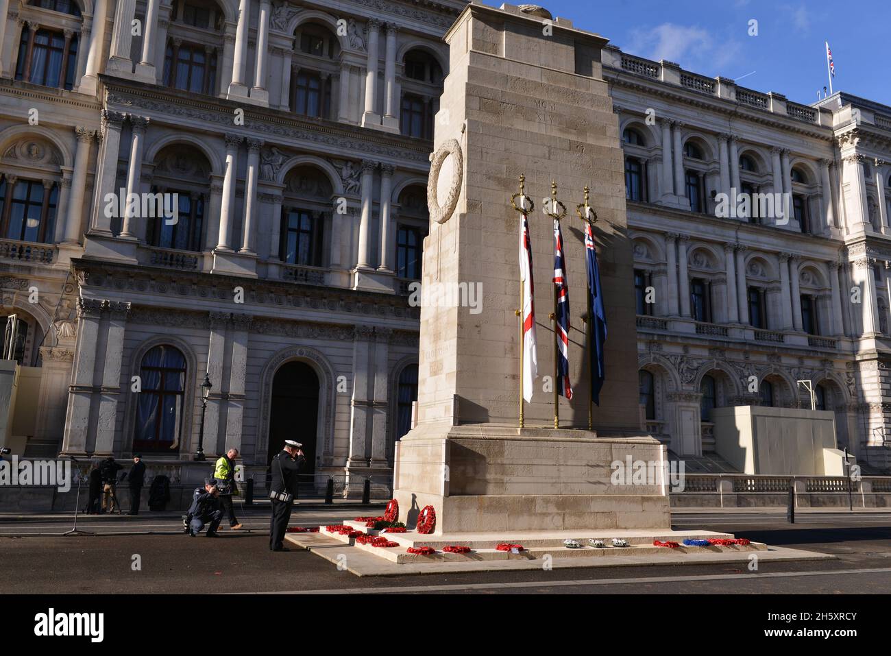 Flags seen at The Cenotaph War memorial on Whitehall in London.The ...