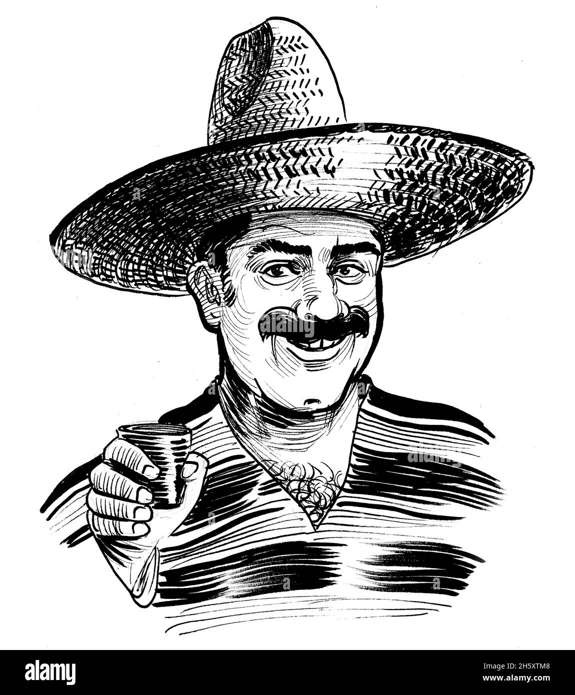 Happy Mexican drinking tequila glass. ink black and white drawing Stock ...