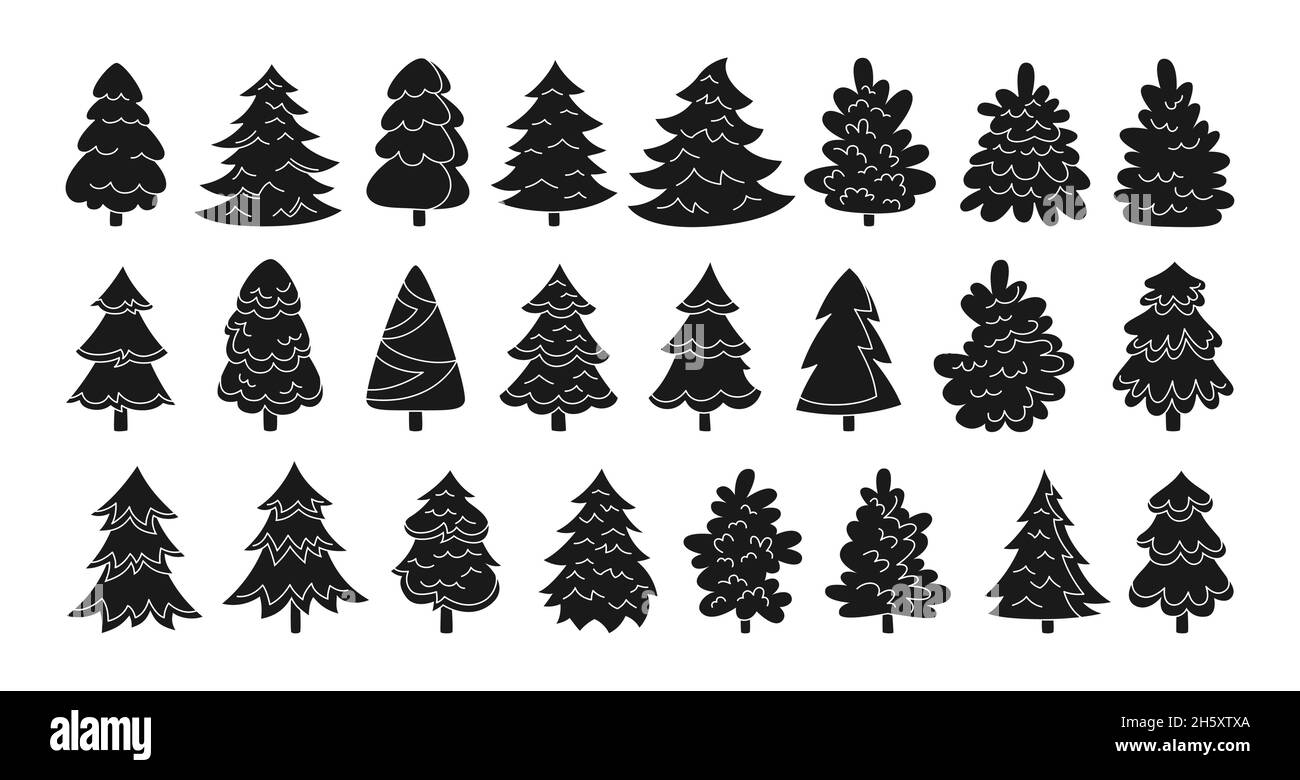 Christmas tree silhouette set. New Year black glyph symbol traditional ...