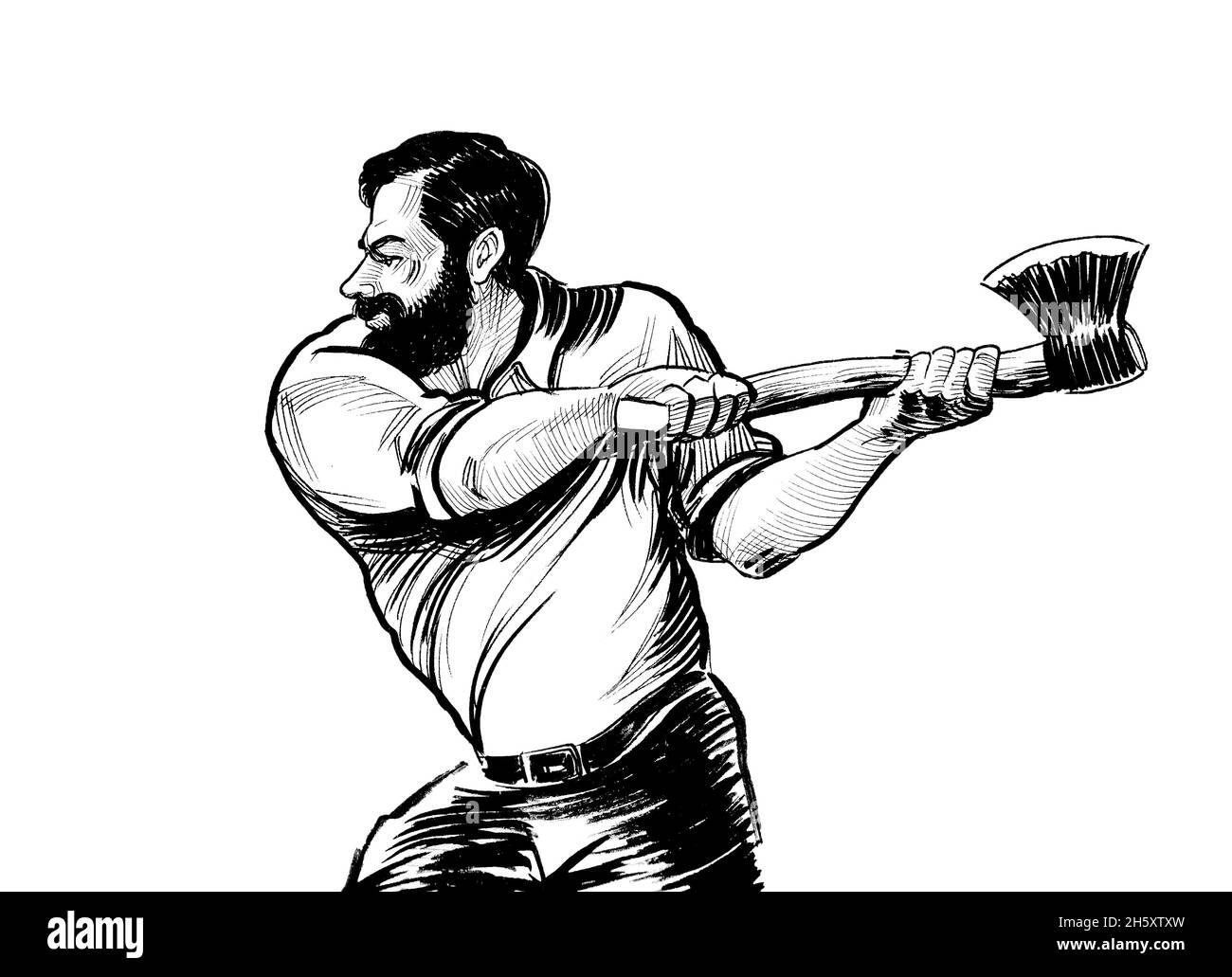 Canadian lumberjack with axe. ink black and white drawing Stock Photo ...