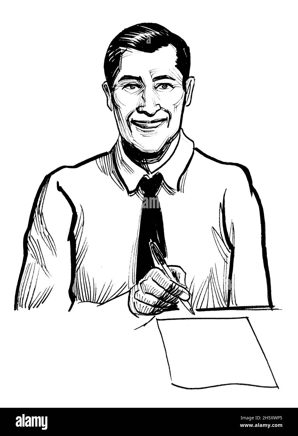 Businessman signing a contract. Ink black and white drawing Stock Photo ...