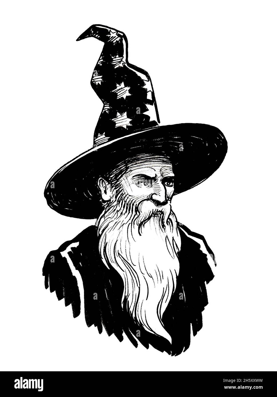 Magic wizard in hat. Ink black and white drawing Stock Photo - Alamy