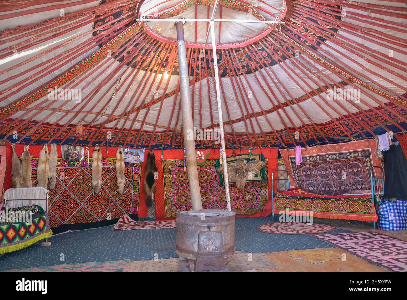 Mongolian Kazakh ger or yurt interior in western Mongolia Stock Photo ...