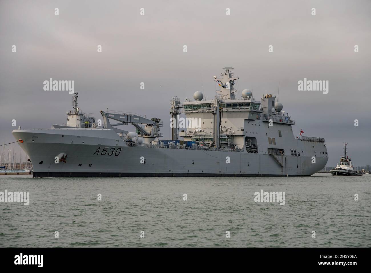 The Royal Norwegian Navy replenishment tanker HNoMS Maud (A530) leaving ...