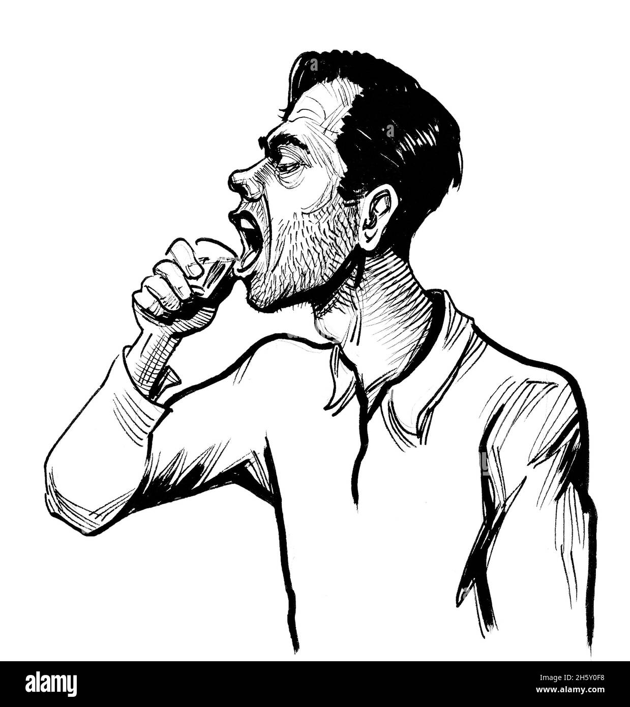 Alcoholic man drinking a shot of vodka. Ink black and white drawing ...