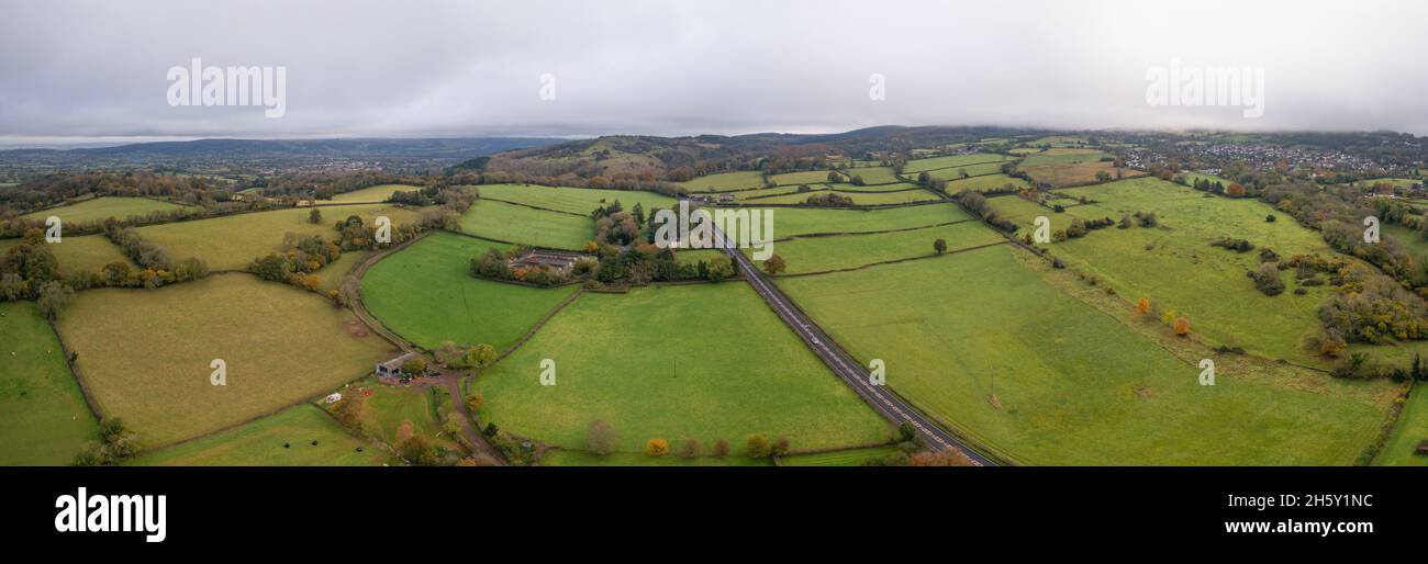 Panorama view of Autumn Colors over Bristol Airport fields from a drone ...