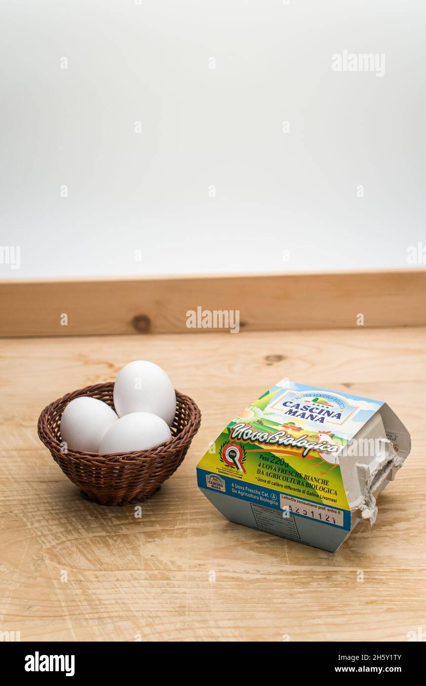 COMO, ITALY - Nov 10, 2021: egg box made of recyclables materials and ...
