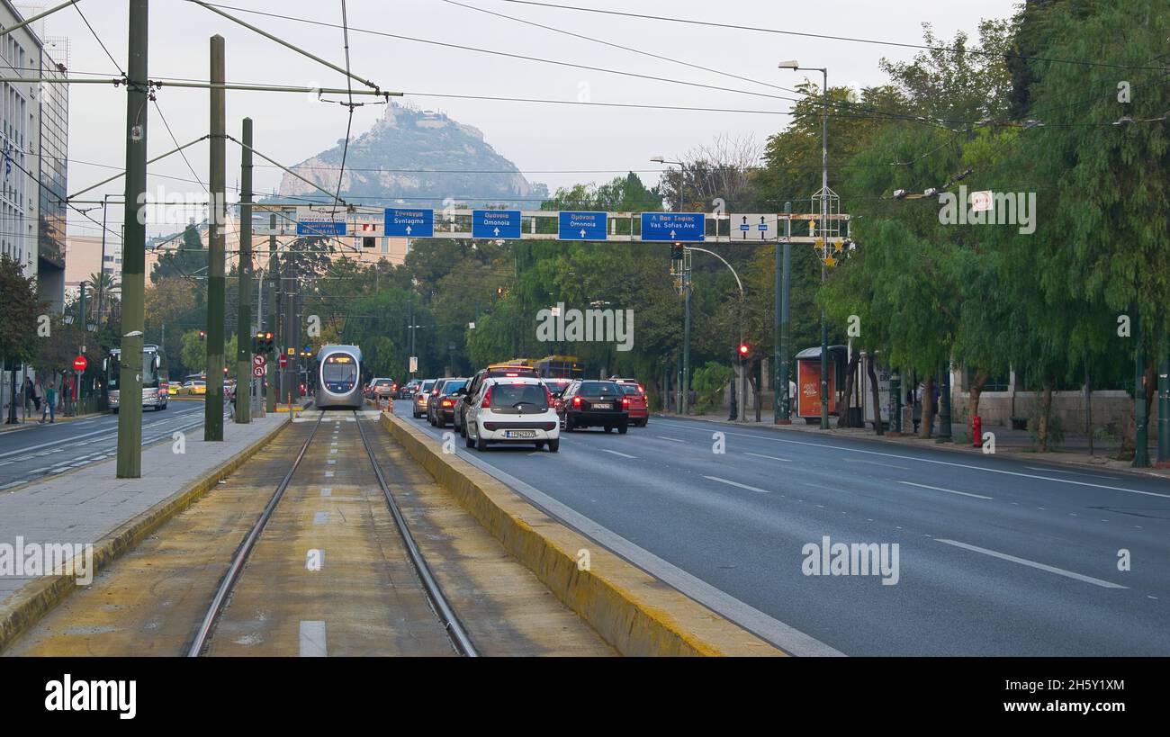 ATHENS, GREECE - Nov 06, 2021: the tram of Athens, railway lines in the ...