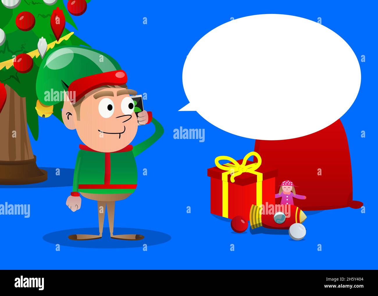 Christmas Elf talking on cell phone. Vector cartoon character ...