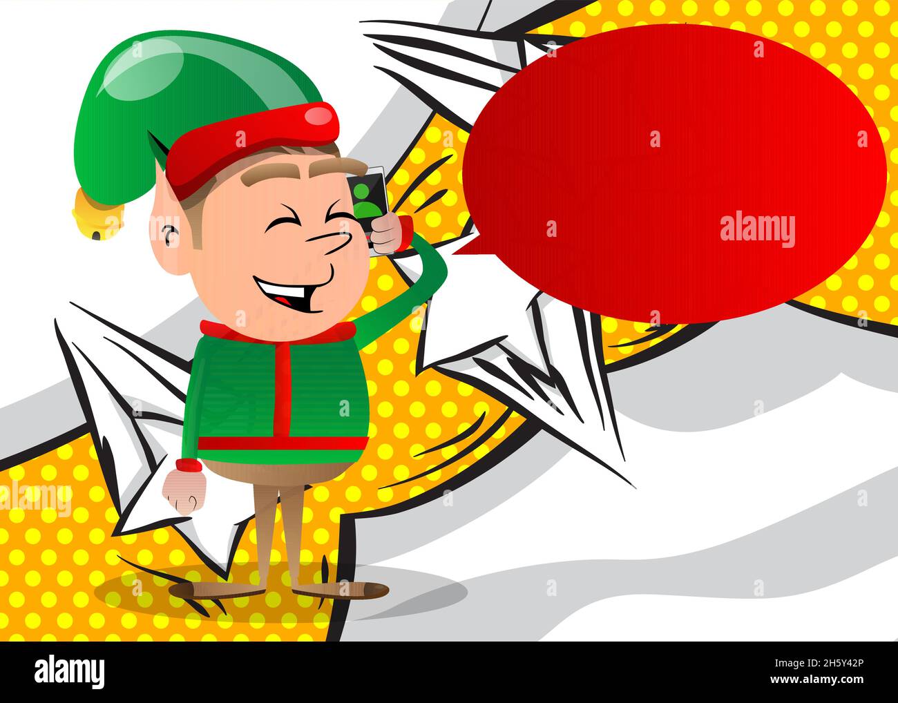 Christmas Elf talking on cell phone. Vector cartoon character ...