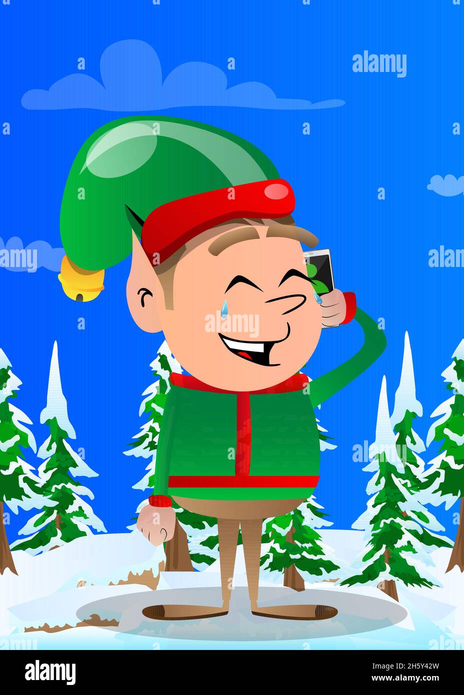 Christmas Elf talking on cell phone. Vector cartoon character ...