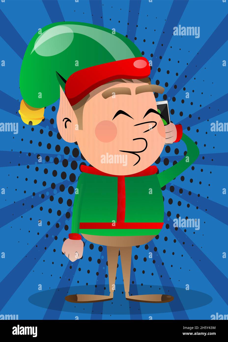 Christmas Elf talking on cell phone. Vector cartoon character ...