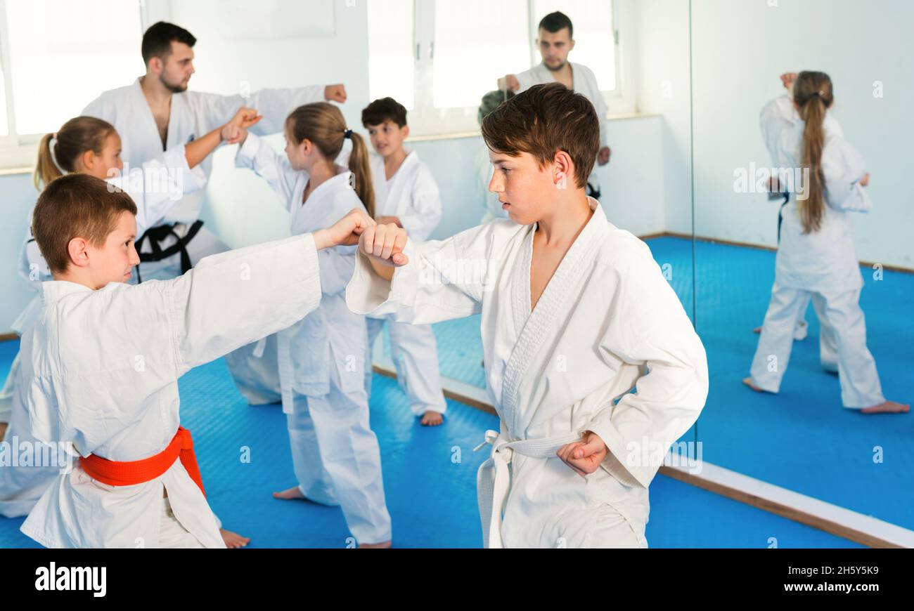 Teenagers practicing new karate moves in pairs in class Stock Photo - Alamy