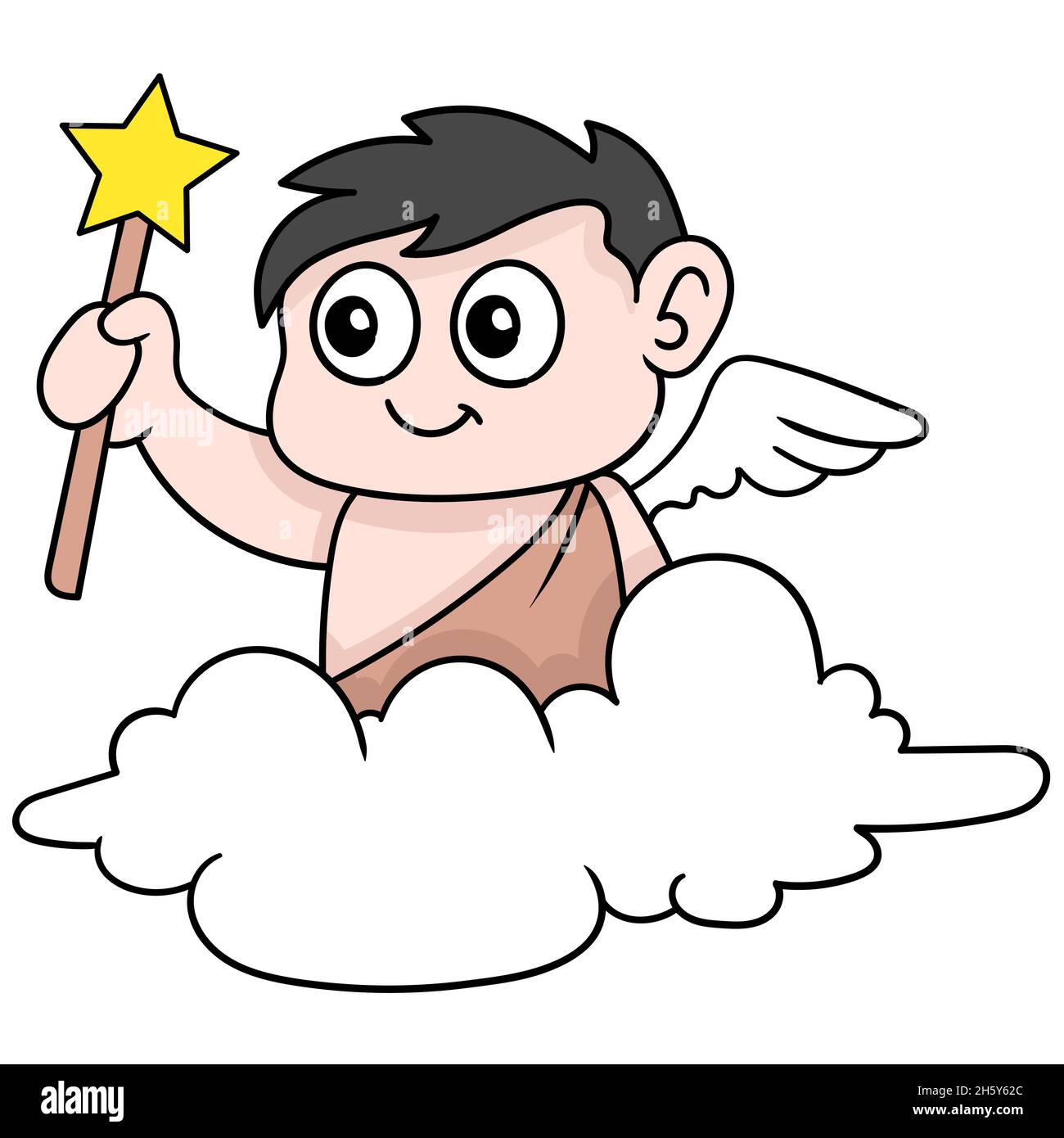 winged baby angel boy carrying a magic wand flying in the clouds Stock ...