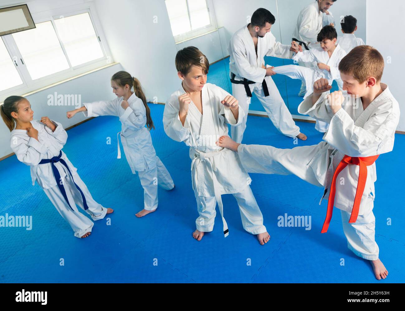 Teenagers practicing new karate moves in pairs in class Stock Photo - Alamy