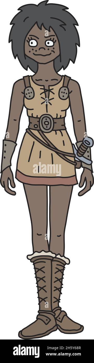 The funny black princess warrior in a beige leather short dress Stock ...