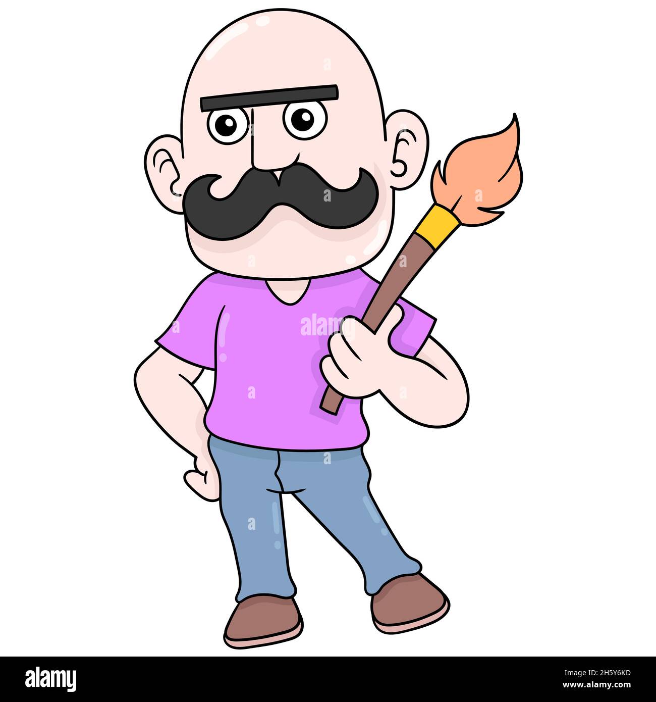 bald male artist with thick mustache carrying a brush to paint Stock ...