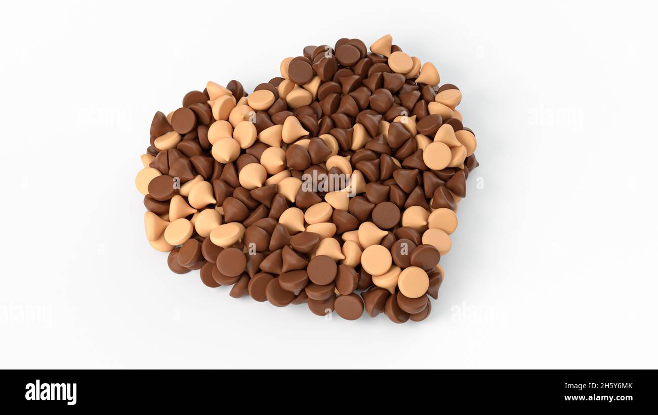 3d rendering of a heart-shaped chocolate and caramel chip pile on a ...