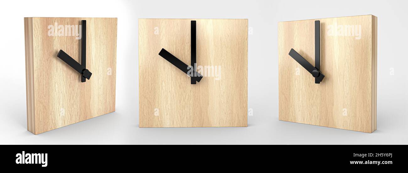 3d rendering of wooden square wall clocks isolated on a white ...