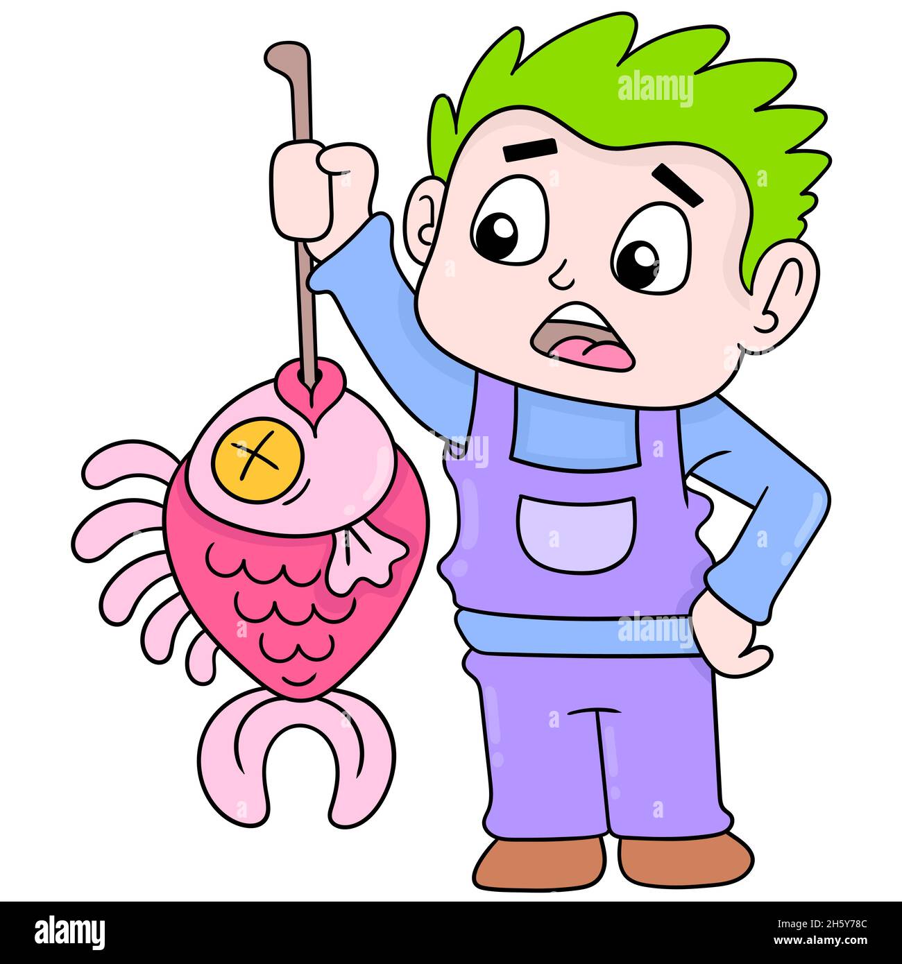 boy is bringing fish from fishing to eat Stock Vector Image & Art - Alamy